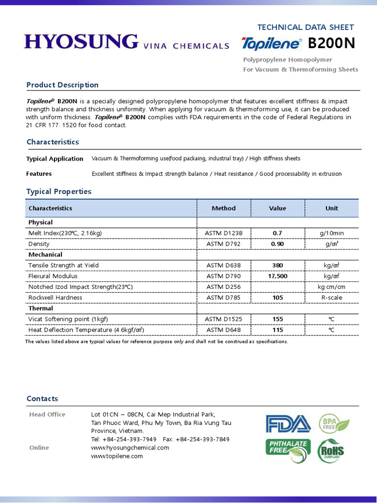 TDS - ASTM - Topilene - B200N | PDF