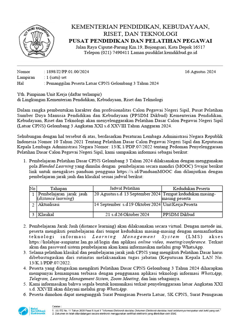 Pemanggilan Latsar Gel 3 Tahun 2024 | PDF
