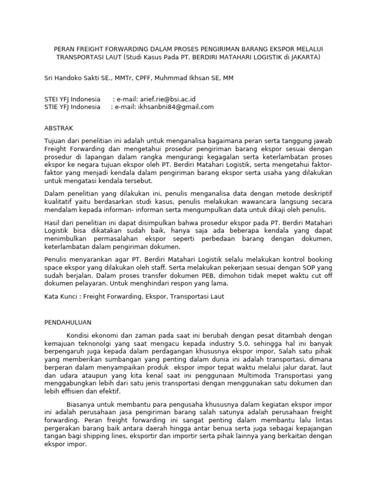 Peran Freight Forwarding Dalam Proses Pengiriman Barang Ekspor Melalui Transportasi Laut | PDF
