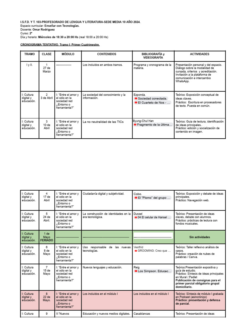 CRONOGRAMA-1C - ECT-LyT - 2024 | PDF