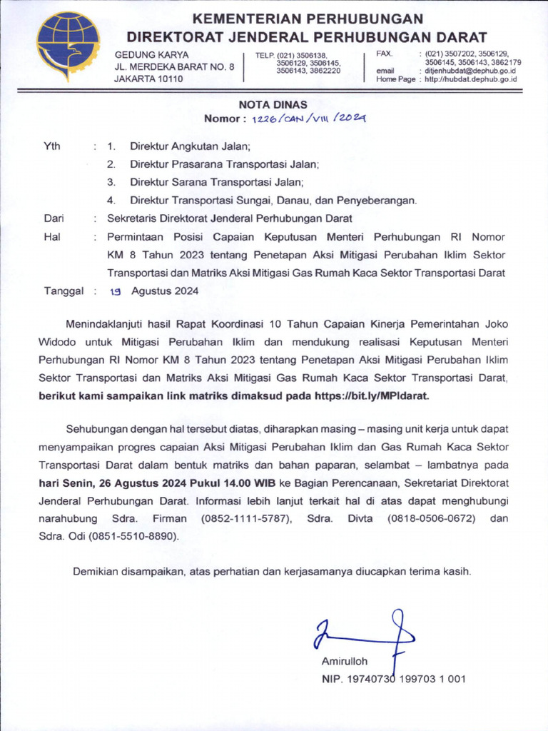 Nota Dinas Permintaan Posisi Capaian Keputusan Menhub RI Nomor KM 8 ... Nota Dinas Permintaan Posisi Capaian Keputusan Menhub RI Nomor KM 8 ...