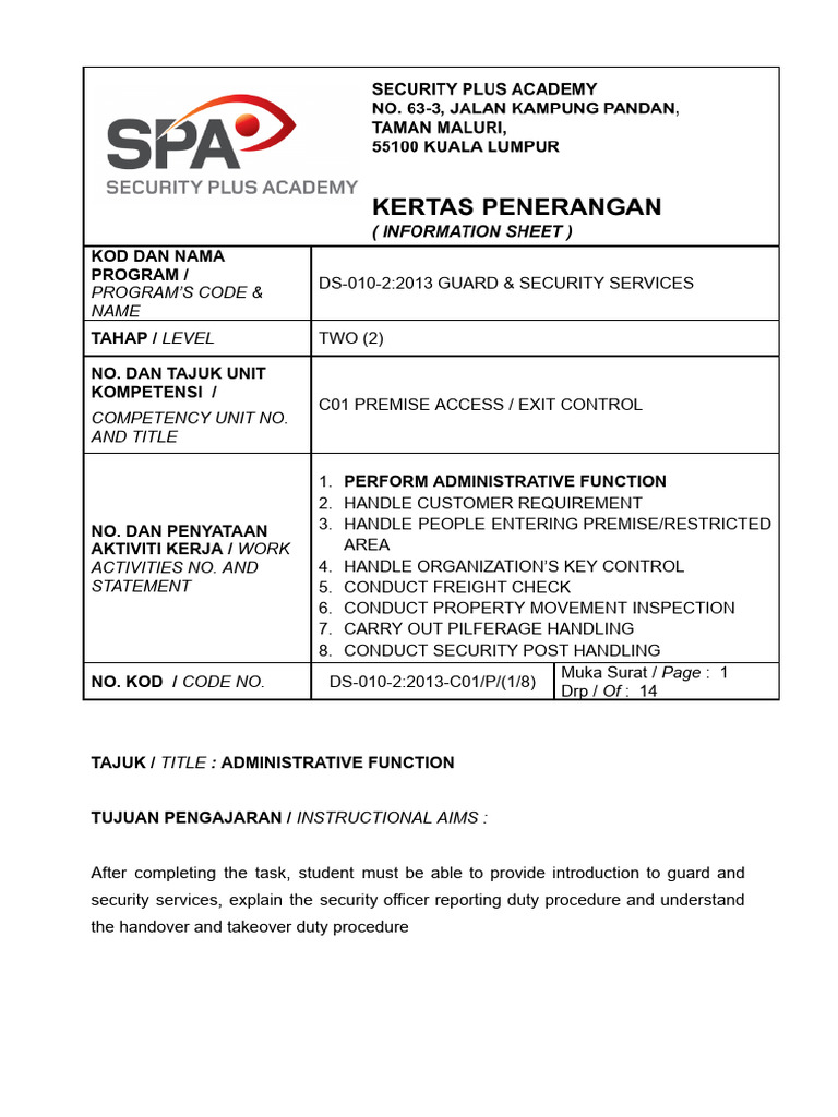 C01 1.0 INFORMATION SHEET.docx | PDF
