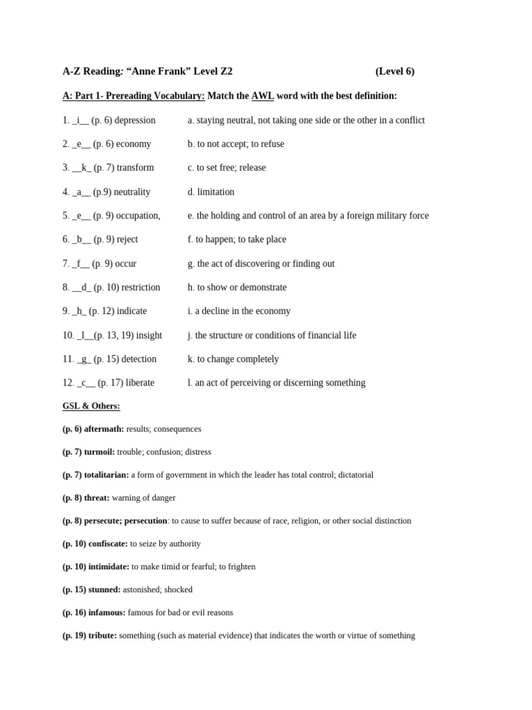 A-Z Reading. Anne Frank. Level Z2 Worksheet. Level 6 | PDF