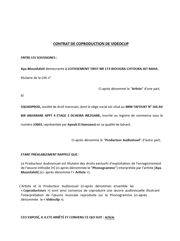 Contrat de Coproduction de Videoclip | PDF