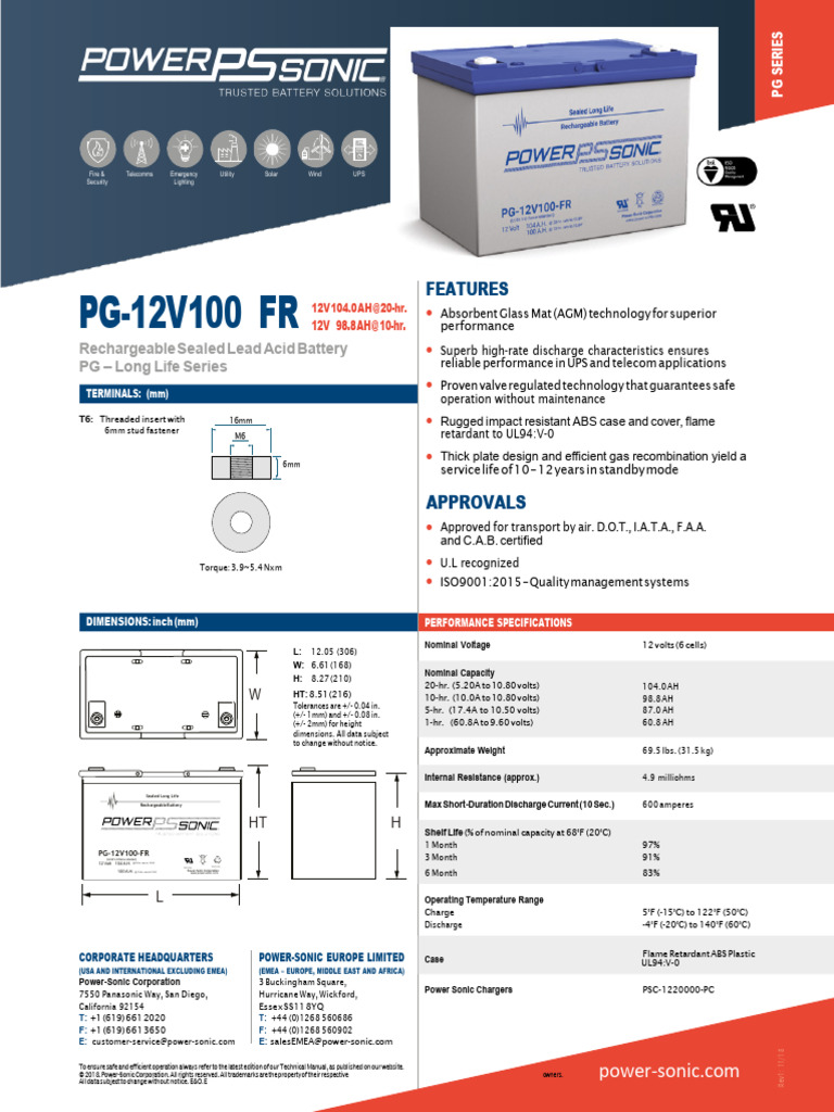 PG 12V100 FR Technical Specifications | PDF | Battery Charger | Electricity