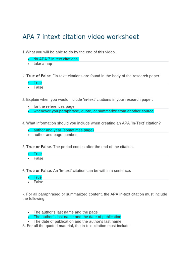 APA 7 intext citation video worksheet | PDF