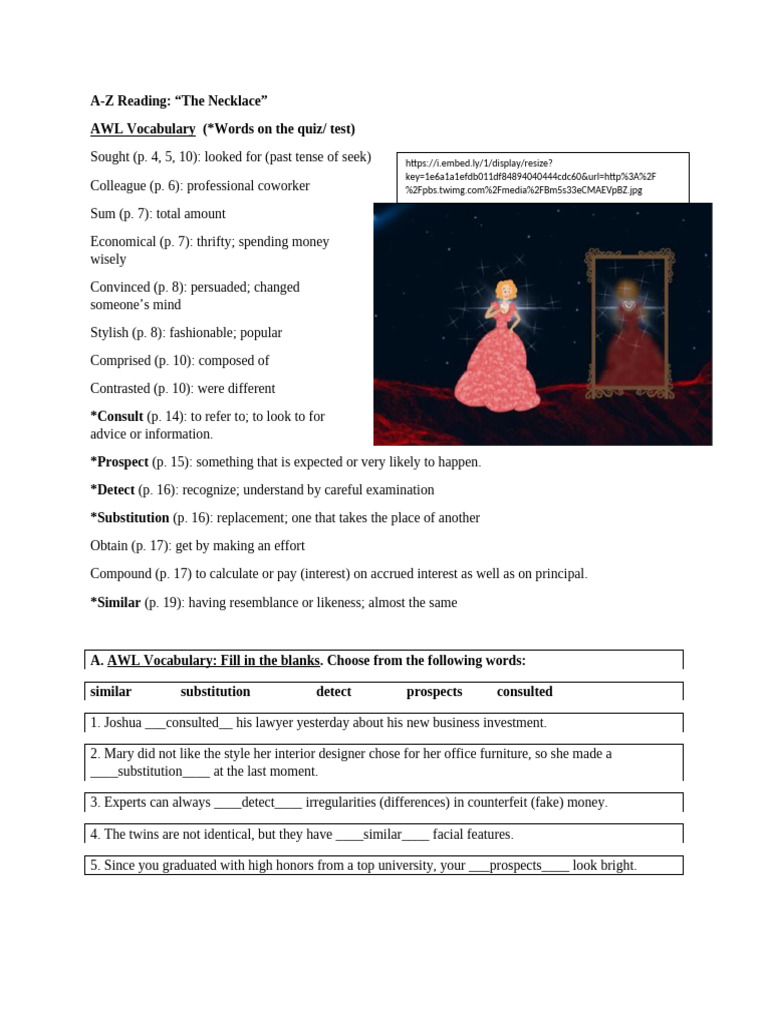 AZ Reading. The Necklace. Worksheet. Revised. Without Group Project | PDF