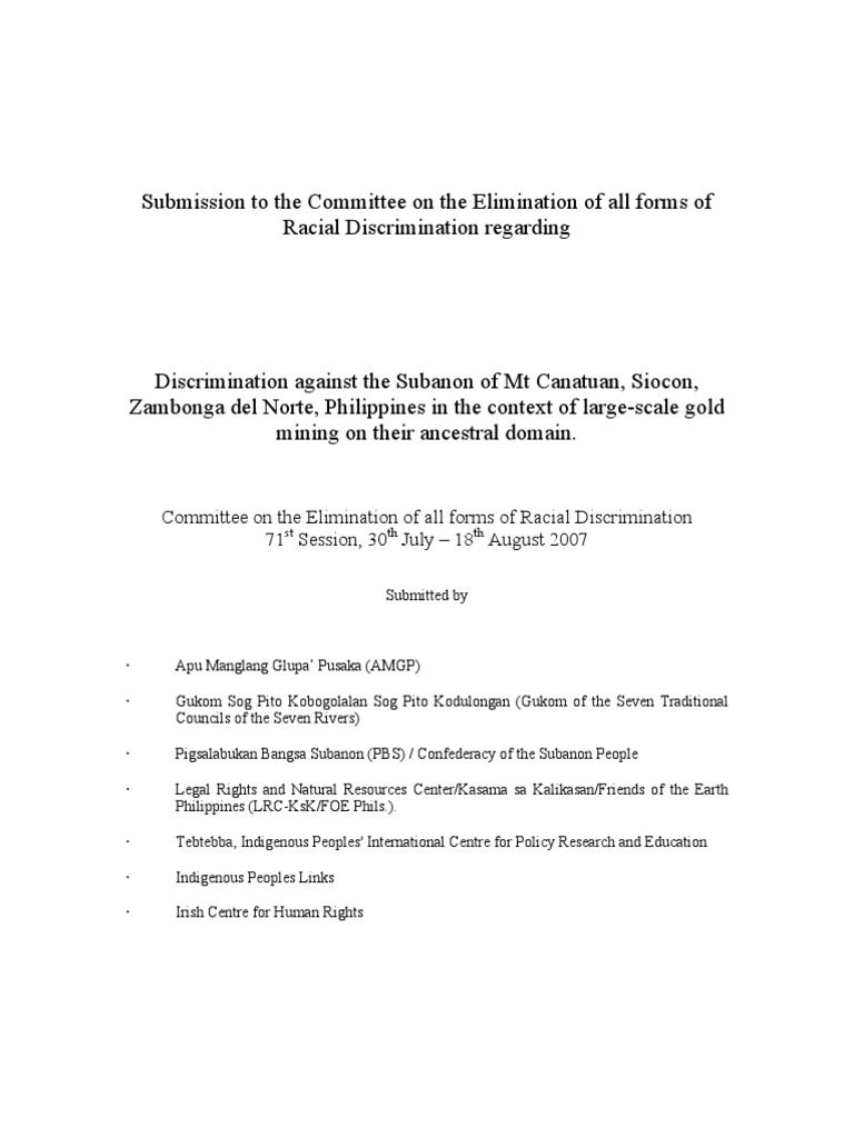 Subanon Philippines Cerd Jul07 Eng | PDF | Indigenous Peoples | Human ...