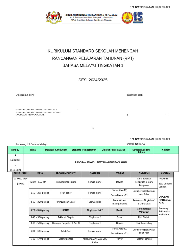 RPT BM Tingkatan 1 2024 | PDF