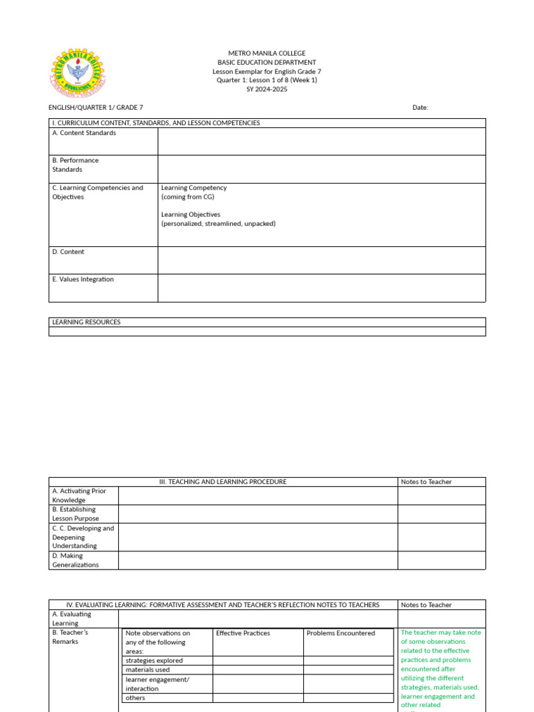 Lesson Exemplar Template For JHS (English) | PDF | Learning | Teachers