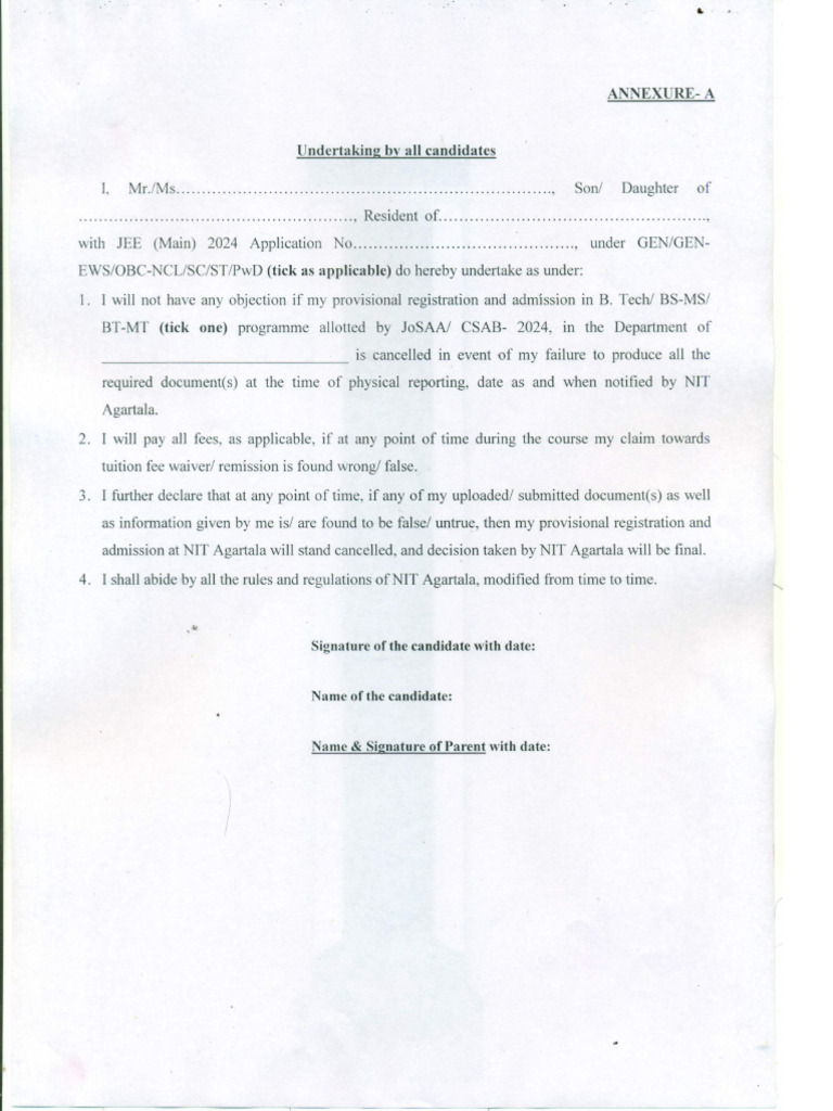 Annexure A Undertaking Candidate Aug24 | PDF