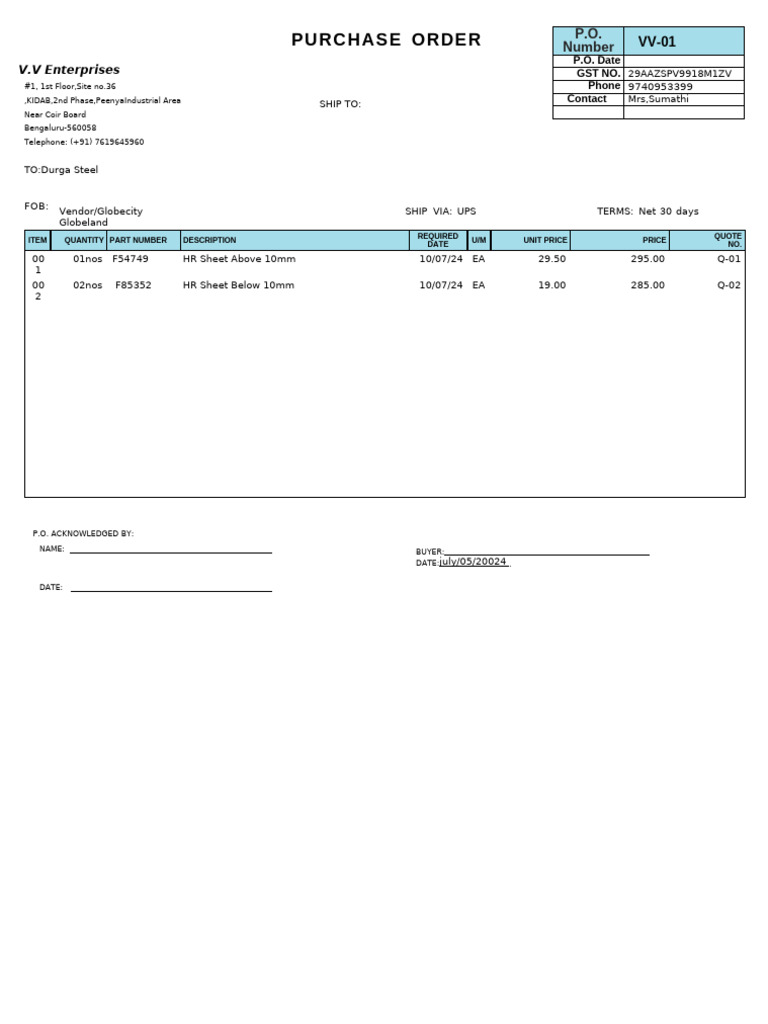 Free Simple Purchase Order Form | PDF