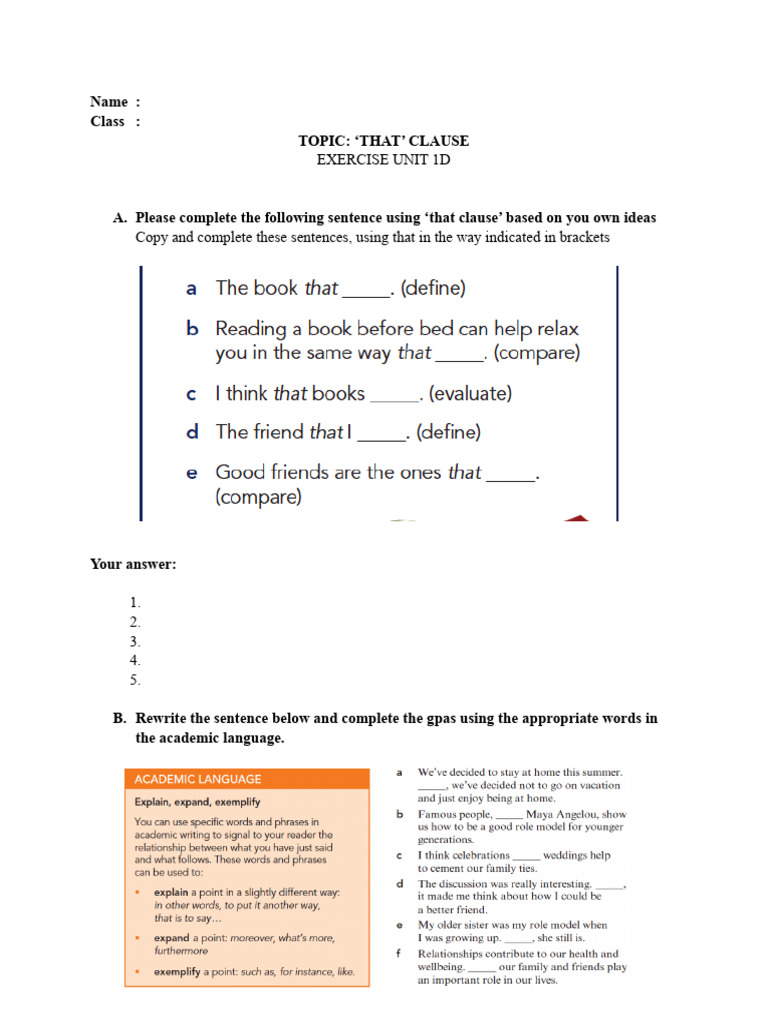 Joy-Exercise Unit 1D - THAT CLAUSE | PDF