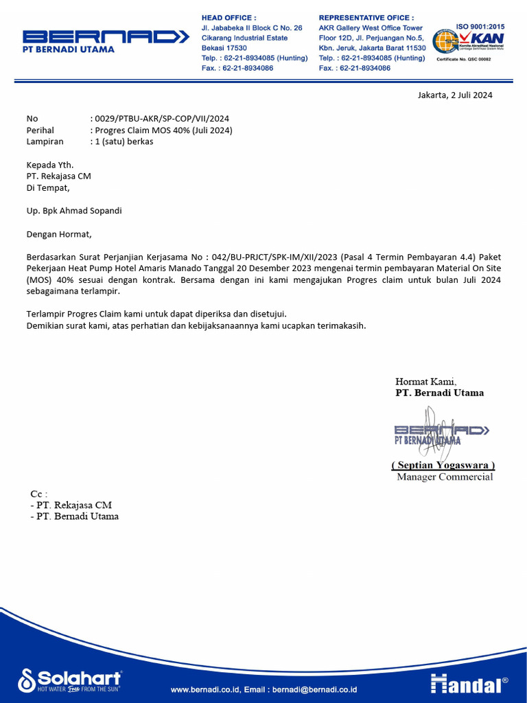 Surat Permohonan Claim Tagihan Mos Amaris Manado | PDF