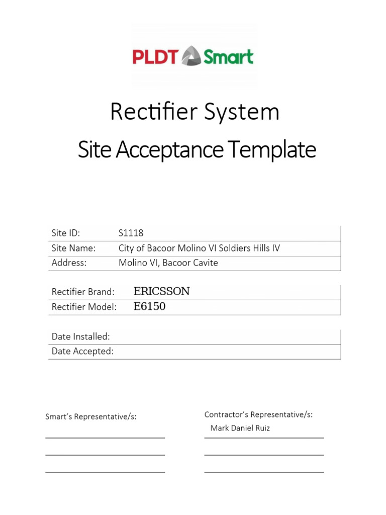 S1118 Ericsson 6150 Rectifier System Acceptance Form | PDF