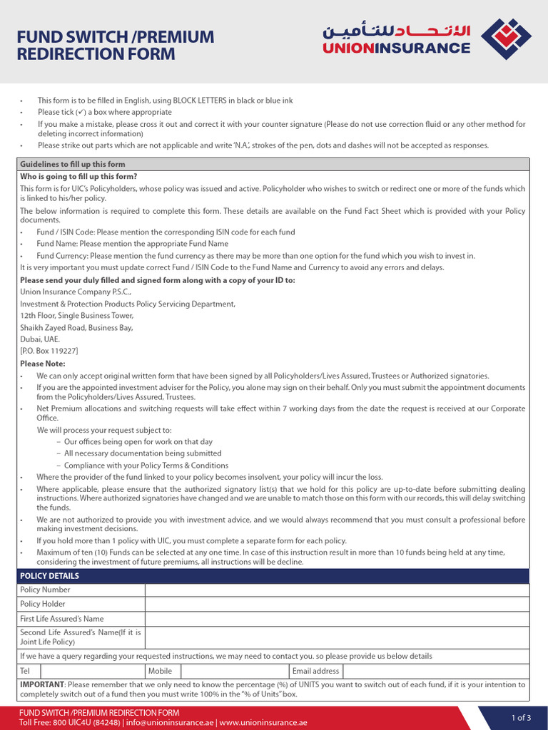 Fund Switch and Redirection Form | PDF | Insurance | Policy