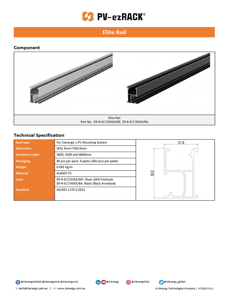 Clenergy PVezRack Elite Rail Datasheet English | PDF