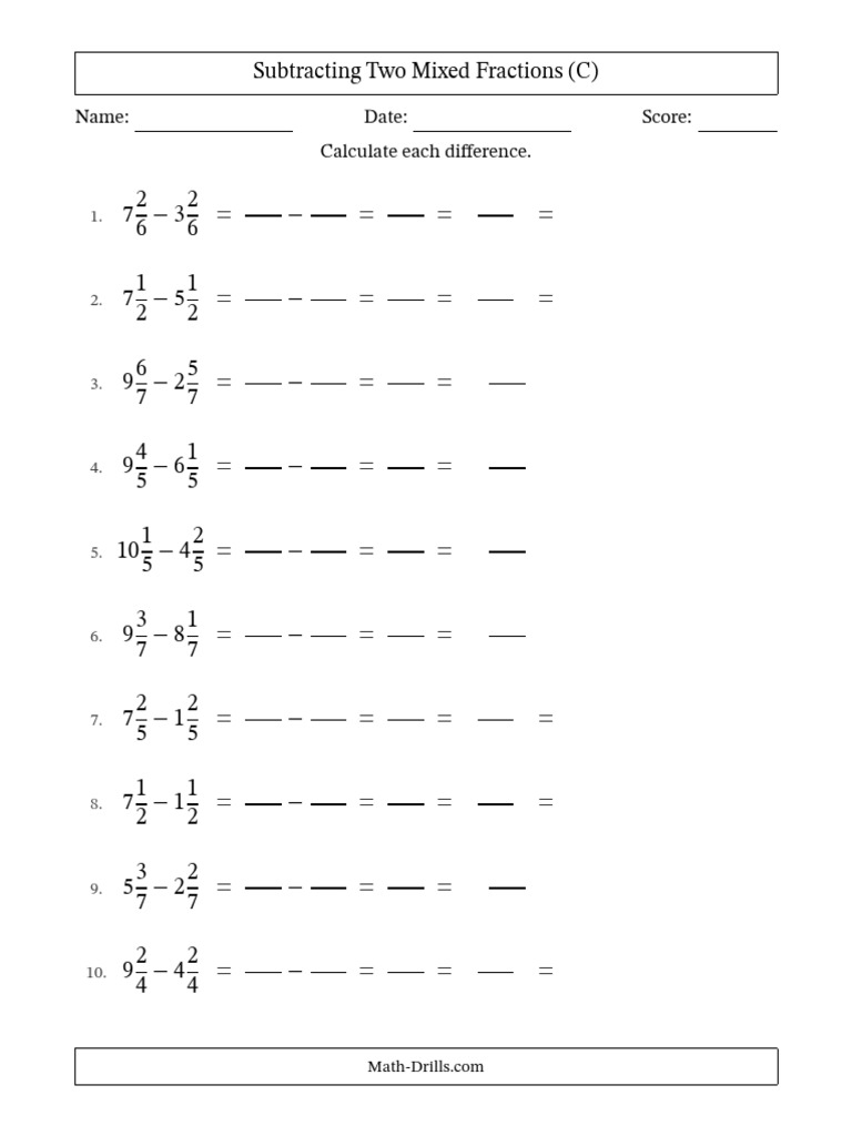 Fractions Operations 02 Fillable 02 Subtraction 03 Mixed 03 Mixed 01 ...