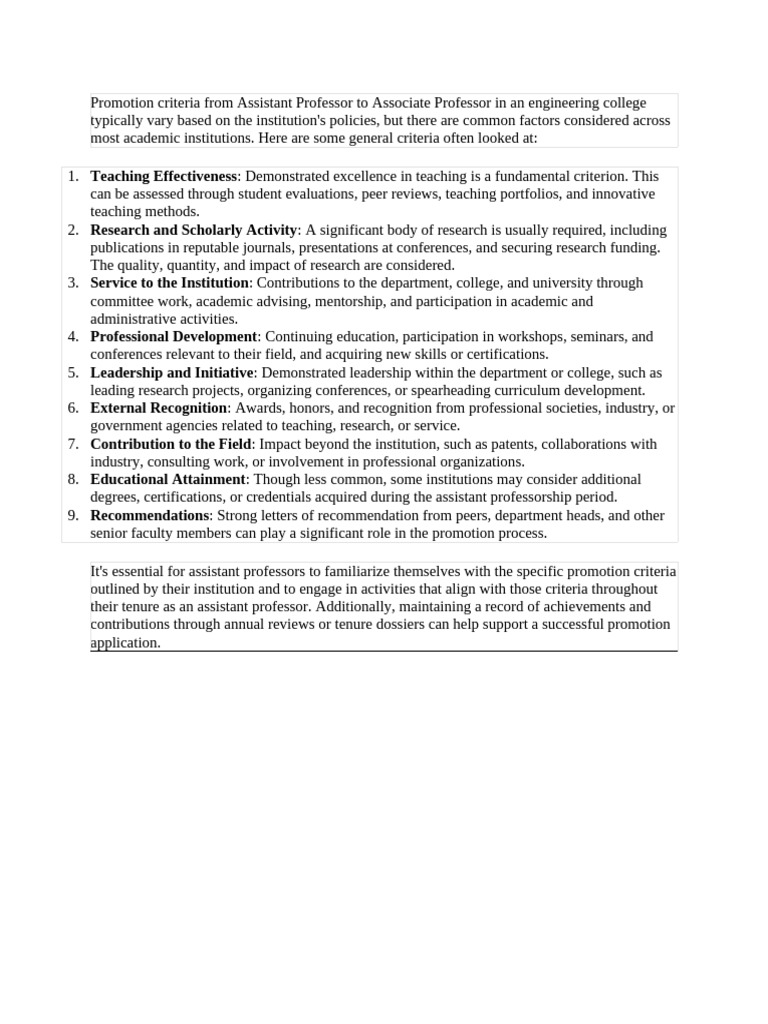Promotion Criteria From Assistant Professor To Associate Professor in ...