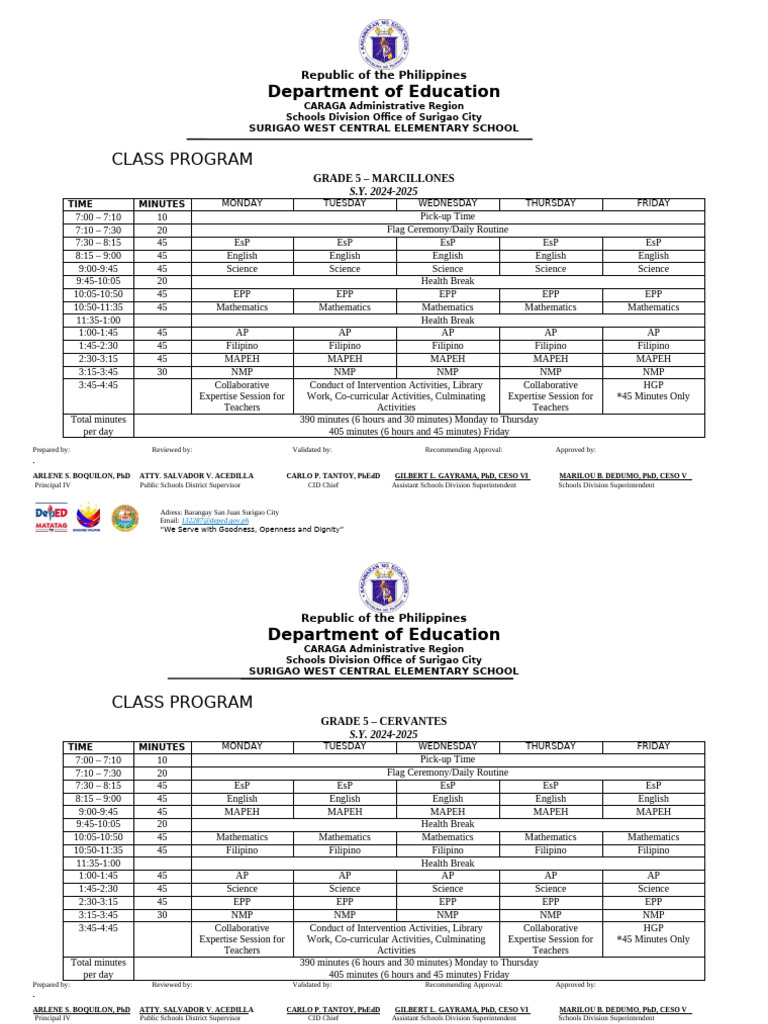 Grade 5-Matatag Class Program | PDF