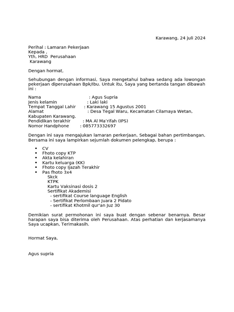 Surat Lamaran Agus-1 | PDF