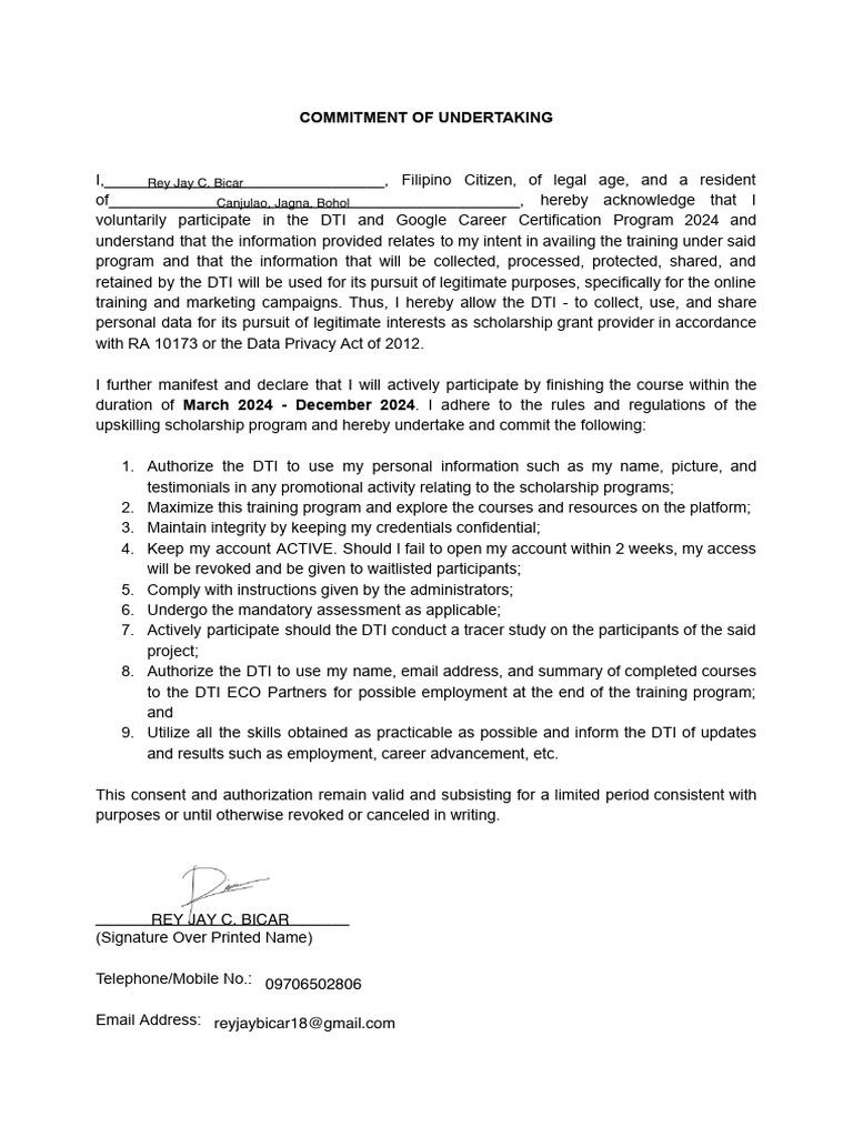 DTI X Google - Commitment of Undertaking | PDF