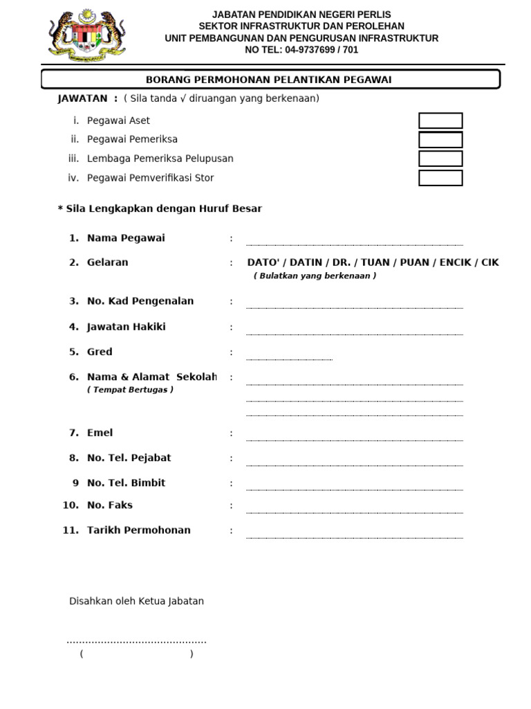 Borang Pelantikan Pegawai Aset Dan Lain-Lain Sekolah | PDF