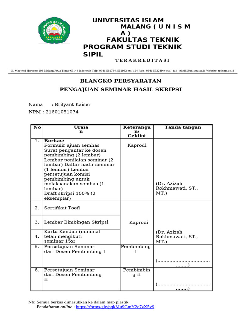 Form SemHas - Blangko Persyaratan Pengajuan SemHas Tugas Akhir | PDF