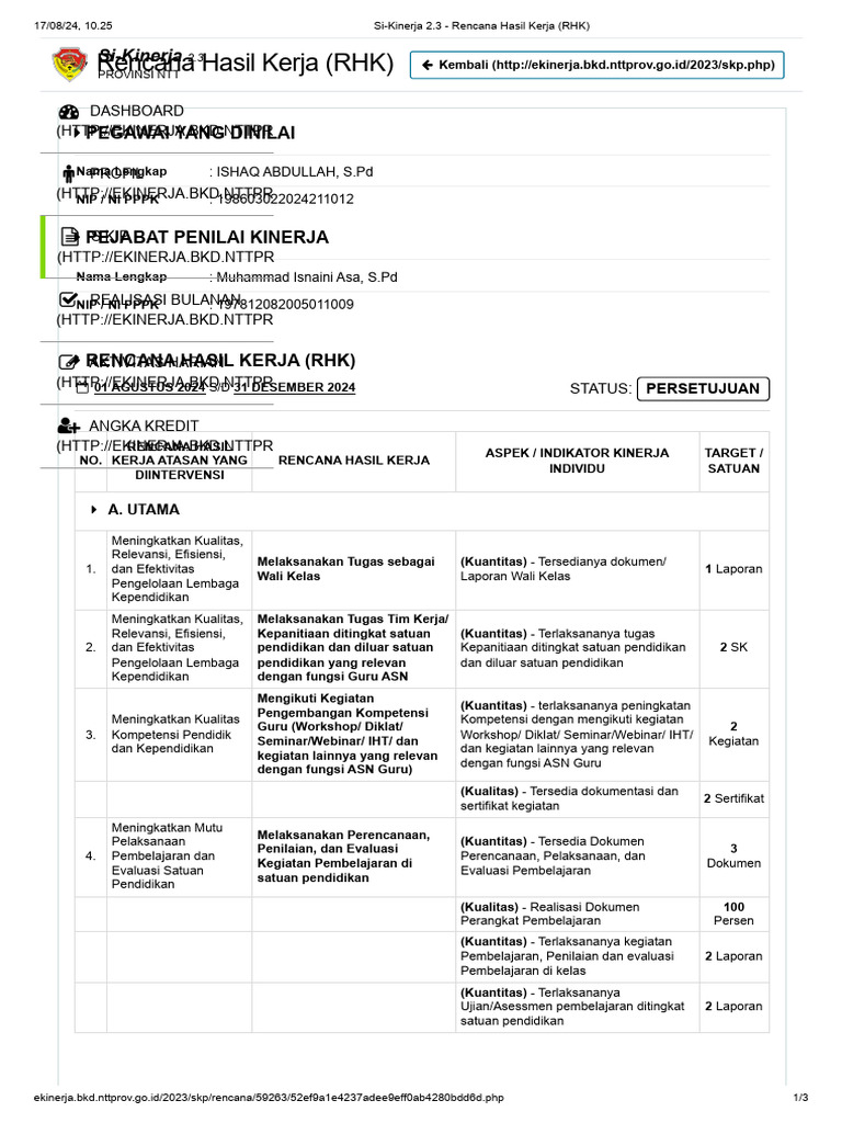 Si-Kinerja 2.3 - Rencana Hasil Kerja (RHK) Ishaq | PDF