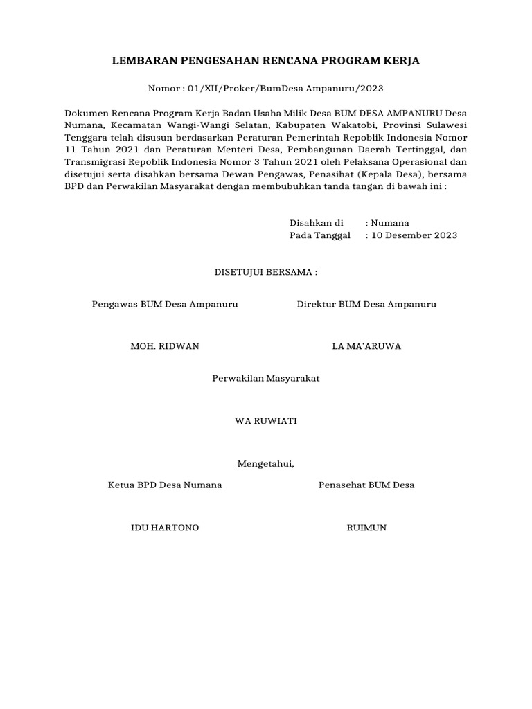 Lembar Pengesahan Program Kerja BUMDes | PDF