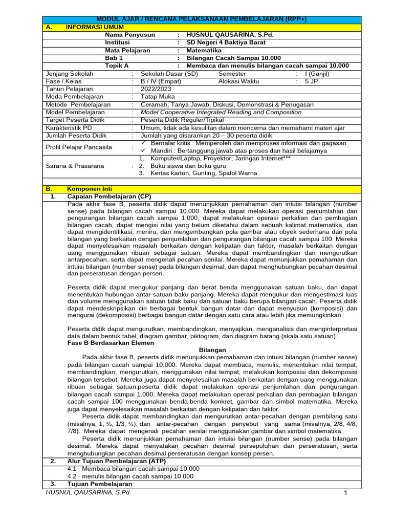RPP MTK KLS Iv SMS 1 | PDF