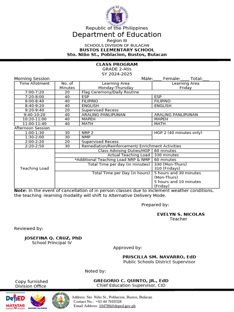 Class and Teachers Program Grade 2 Sy 2024 2025 | PDF