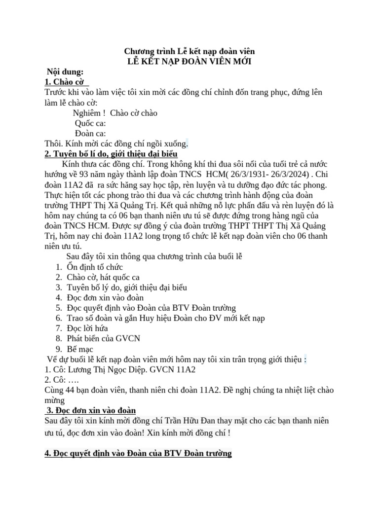 Lễ Kết Nạp Đoàn Viên 11A2 | PDF