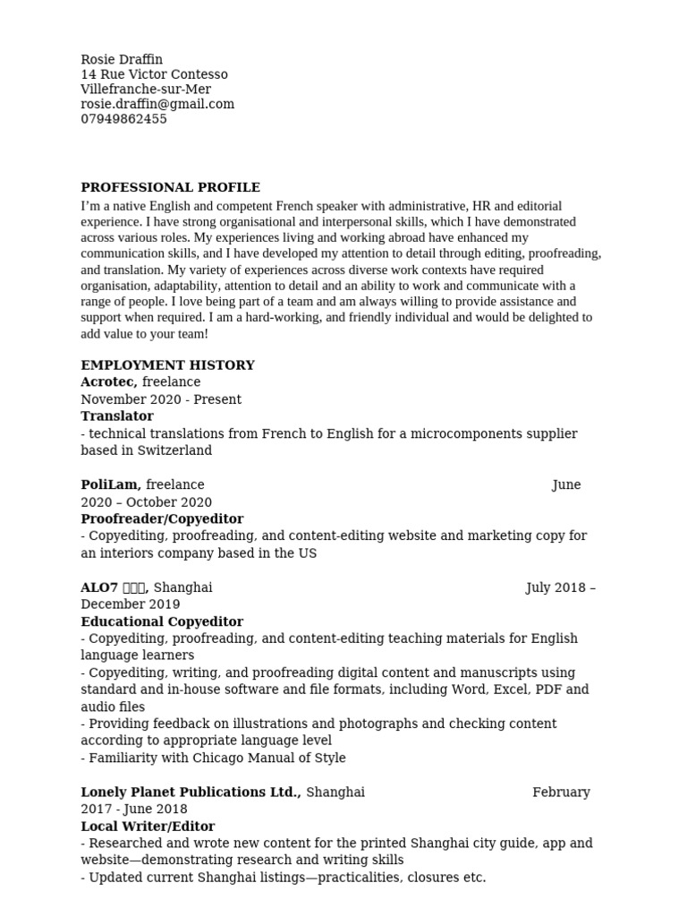 Rosie Draffin CV March 2021 (English) | PDF