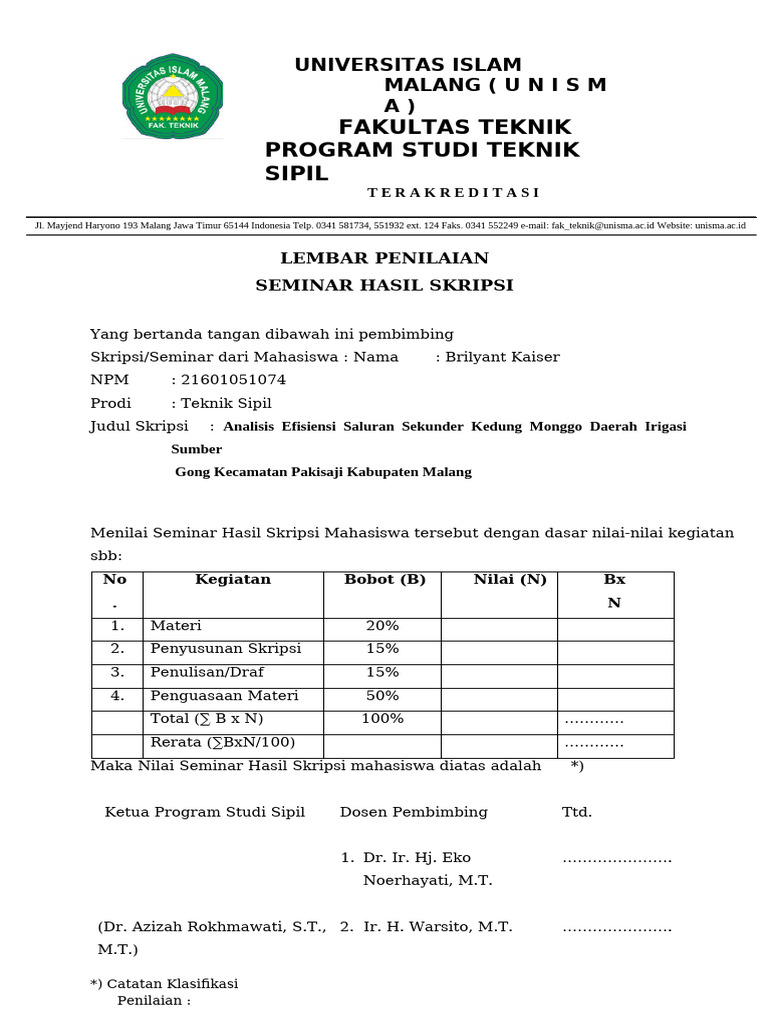Form SemHas - Lembar Penilaian SemHas Tugas Akhir | PDF