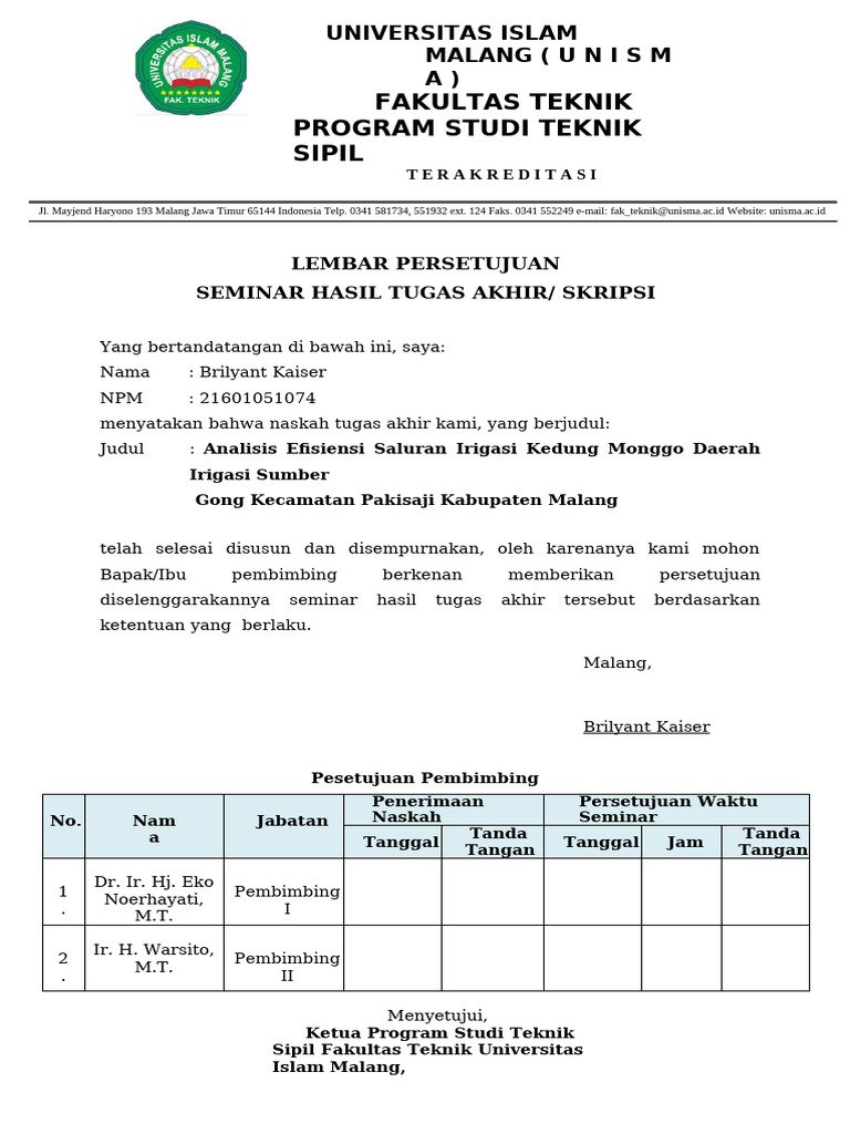 Form SemHas - Lembar Persetujuan SemHas Tugas Akhir | PDF