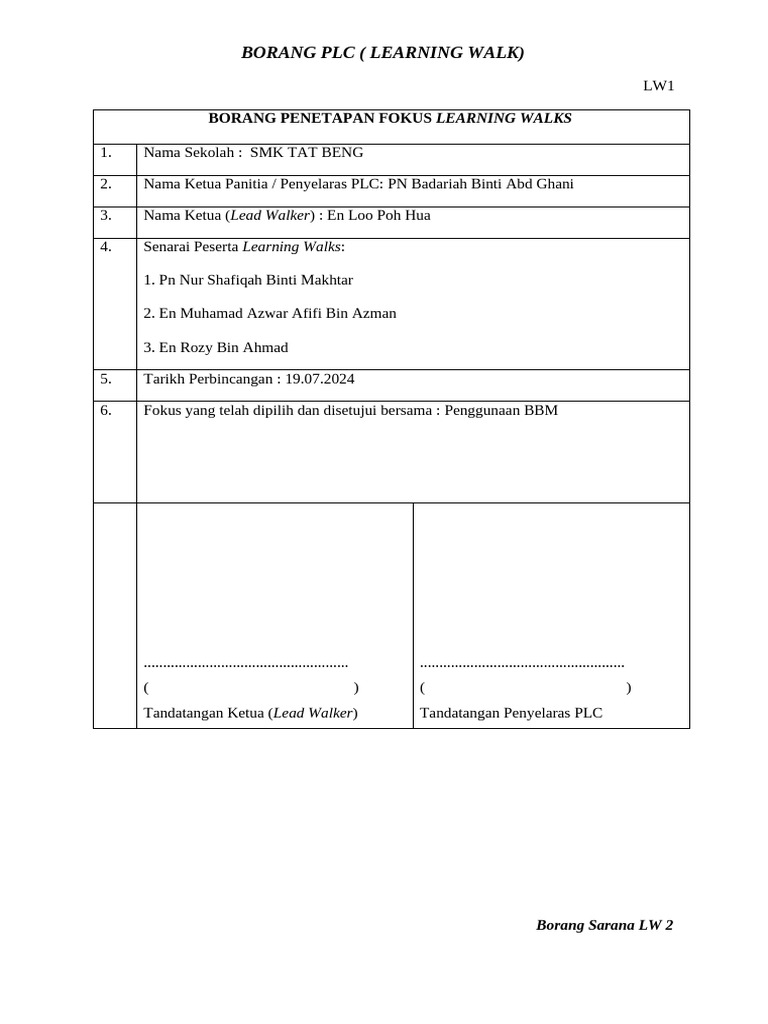 Borang Learning Walks | PDF