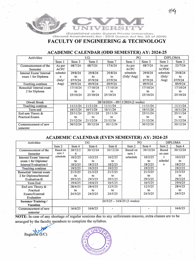 Engineering and Technology - Academic Calendar - 2024-25 | PDF