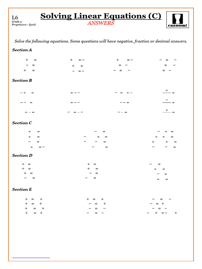 Algebra. Level 6. Equations. Solving Linear Equations (C) - ANSWERS | PDF