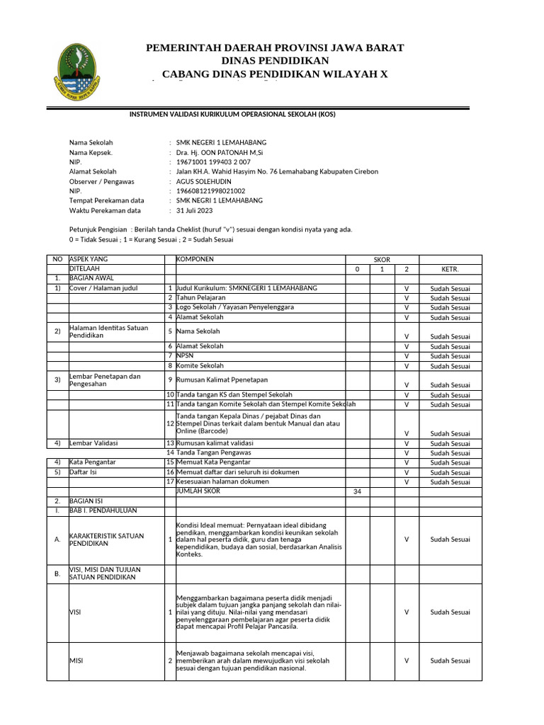INSTRUMEN VALIDASI KOSP ATP Dan Modul Ajar 2023 SMK KCD X | PDF