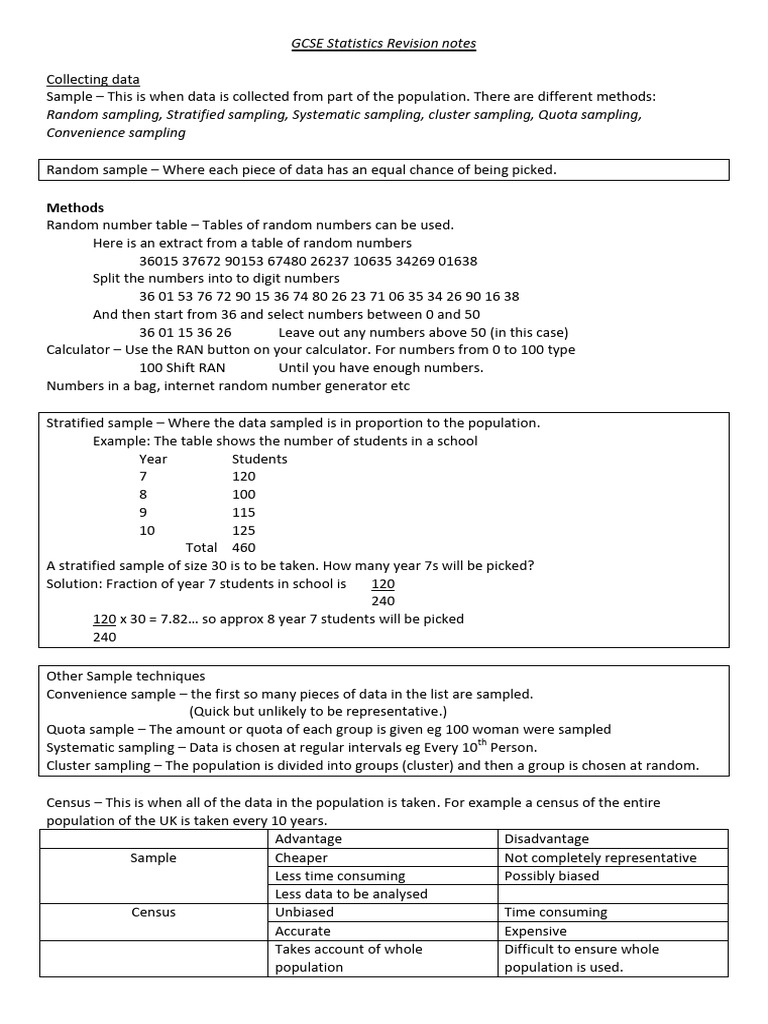 GCSE Statistics Revision Guide | PDF | Sampling (Statistics) | Teaching ...