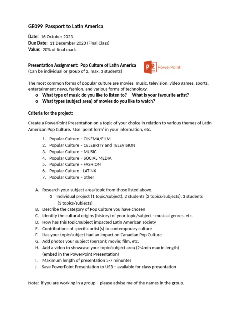 Assignment - Pop Culture Presentation | PDF
