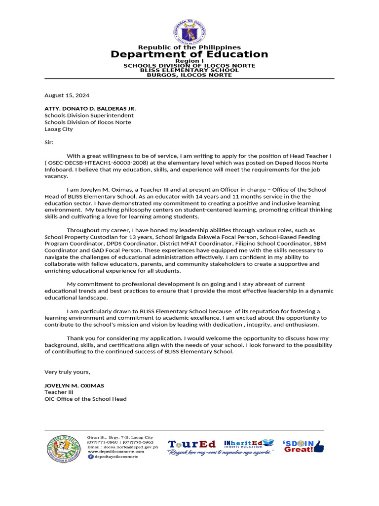 Application Letter for HT 1 | PDF