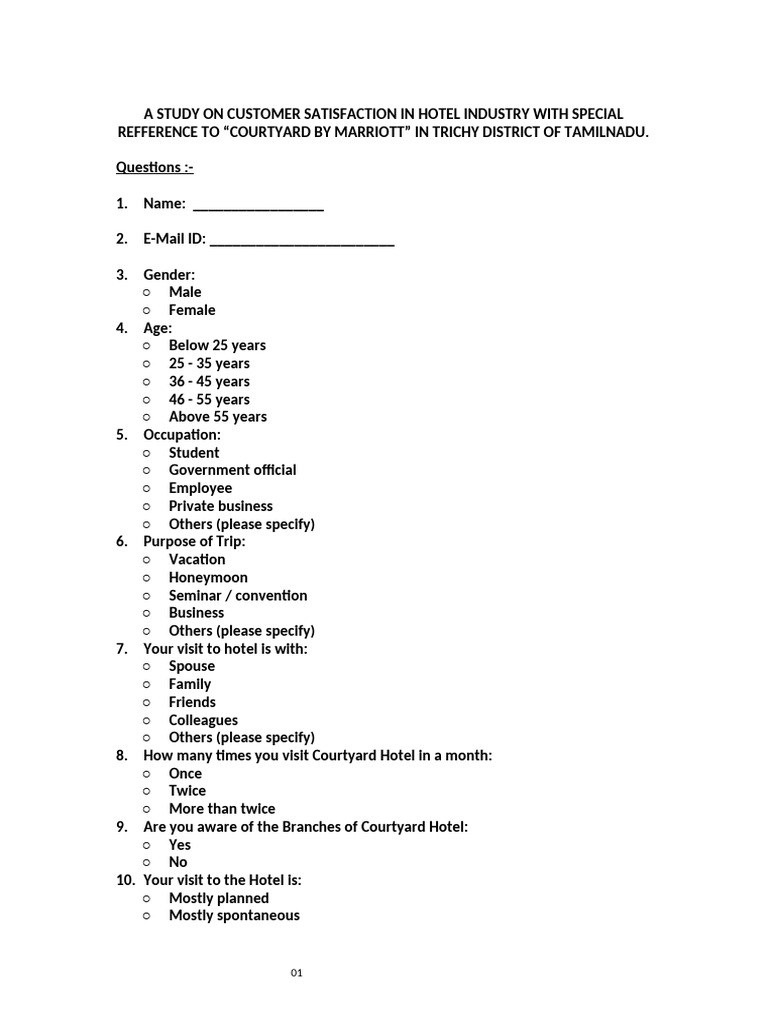 A Study On Customer Satisfaction in Hotel Courtyard by Marriott | PDF