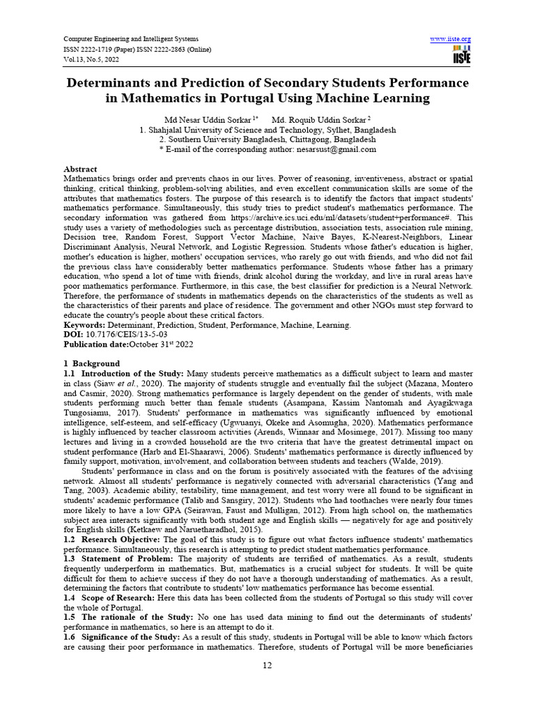 4 Determinants and Prediction of Secondary Students Performancein Mathematics in Portugal Using ...