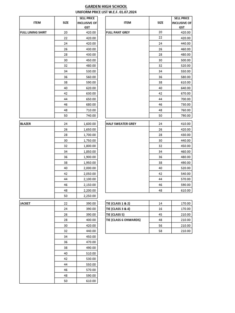Garden High School Uniform Price List | PDF | Clothing | Uniforms