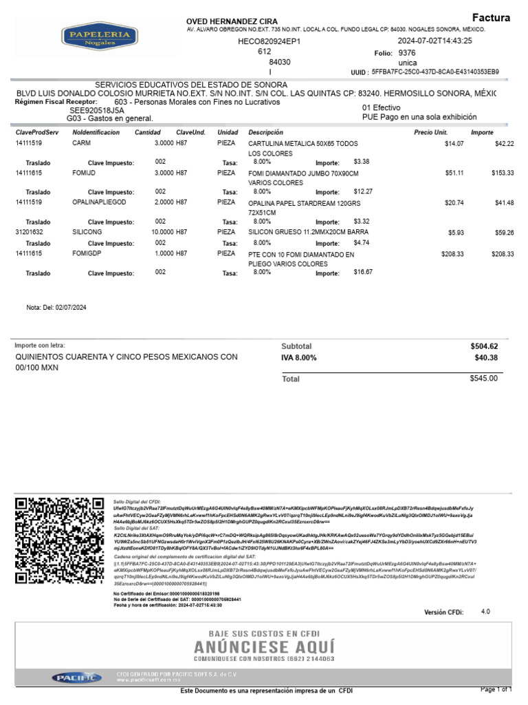 Oved Hernandez Cira: RFC Emisor: Regimen Fiscal: Serie: Tipo de ...