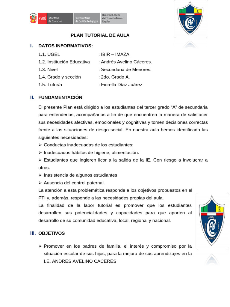 PLAN TUTORIAL DE AULA - 2do. - 105226 | PDF