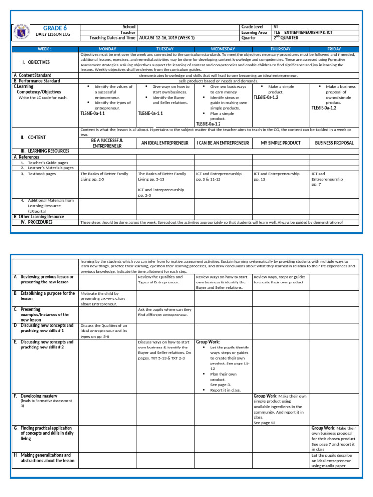 DLL G6 Q1-Week 1-8 Epp-Ict | PDF
