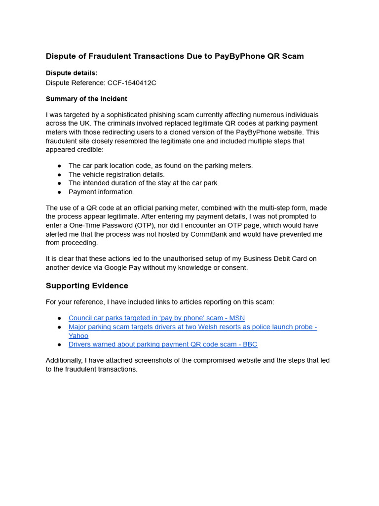 Dispute of Fraudulent Transactions Due To PayByPhone QR Scam 20:08 | PDF